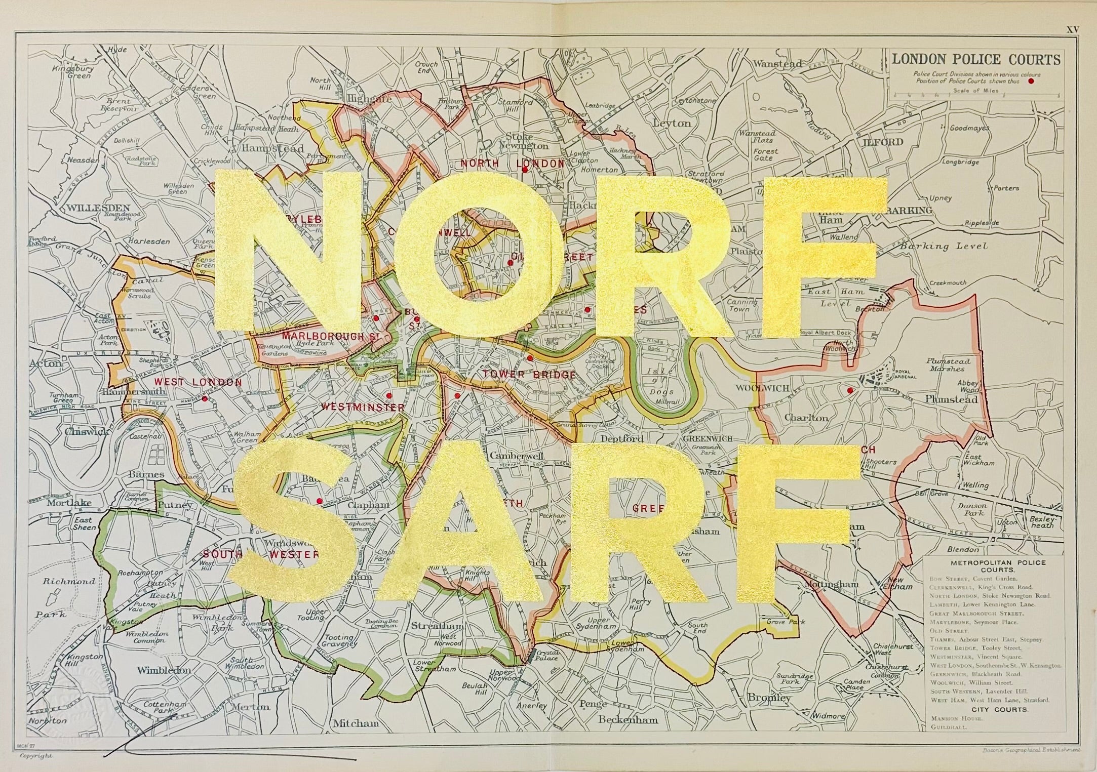 NORF SARF GOLD LEAF SMALL ViNTAGE MAP. – EDiT. Greenwich